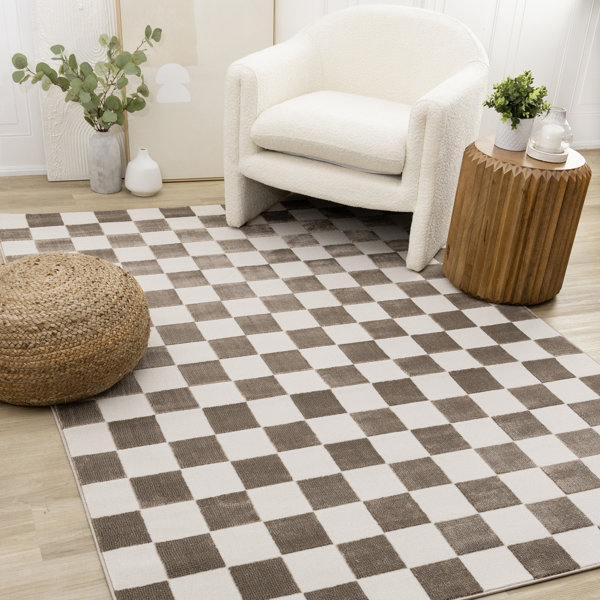 Orren Ellis Marshay Cream Brown Checkered Indoor Living Room Rug & Reviews | Wayfair
